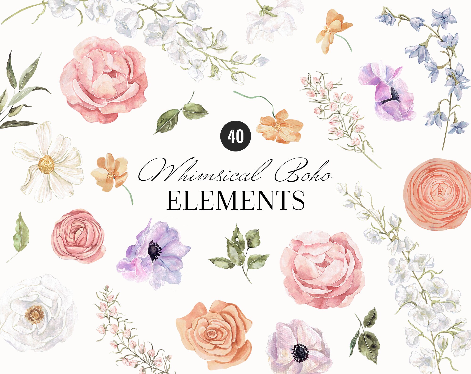 Whimsical Boho Watercolor Pastel Floral Elements Clipart, Light Airy ...