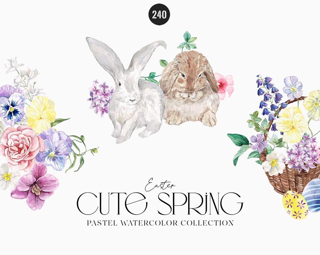 Cute Spring Watercolor Pastel Flowers Pansies, Tulips, Bunnies and ...