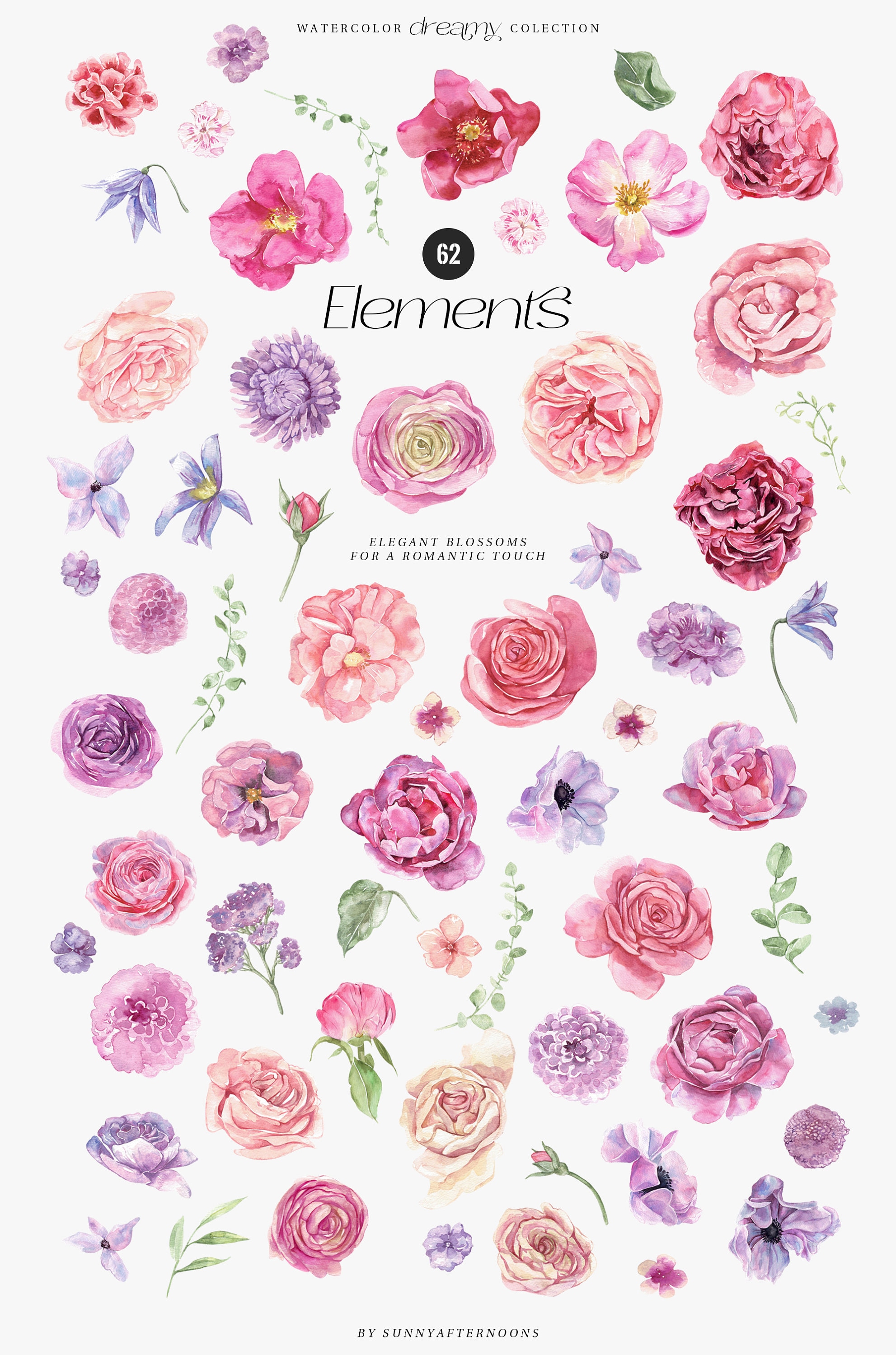DREAMY Watercolor Floral Elements DIY, Lilac Watercolor Flowers Png ...