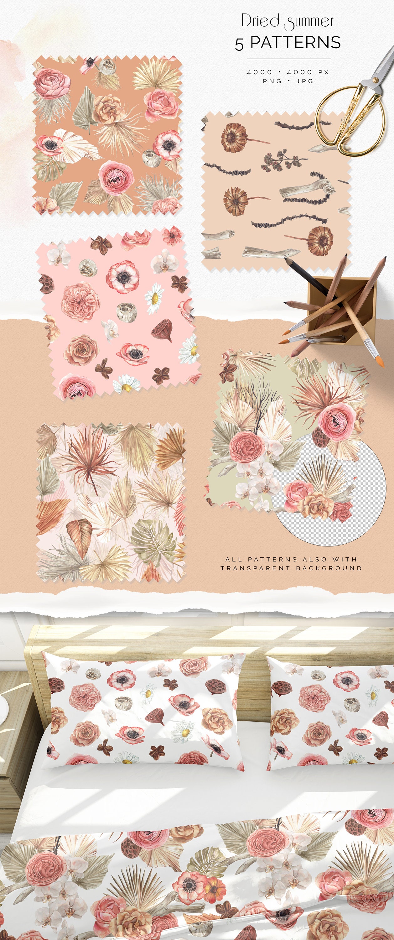 Watercolor Boho Floral Clipart Boho Flowers and Dried Palm - Etsy