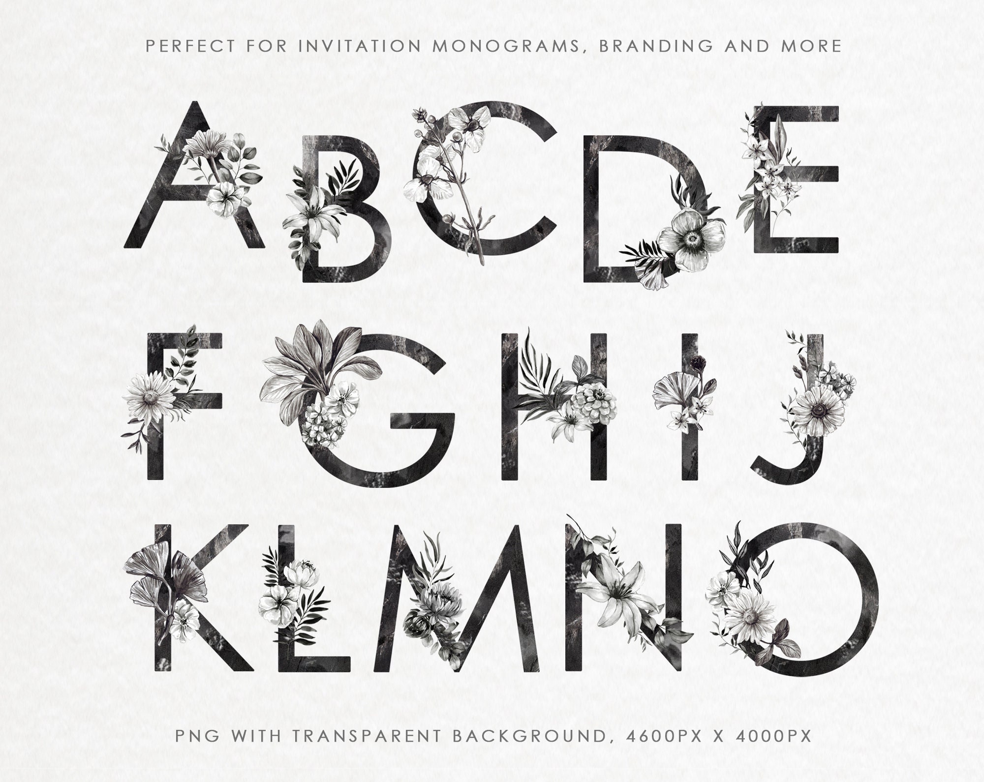 Black and White Watercolor Clipart Alphabet Moonlight - Etsy