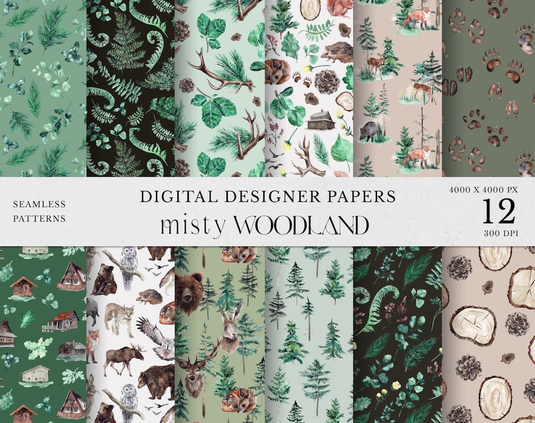 Watercolor Forest Digital Papers, Misty Woodland, Forest Animals ...