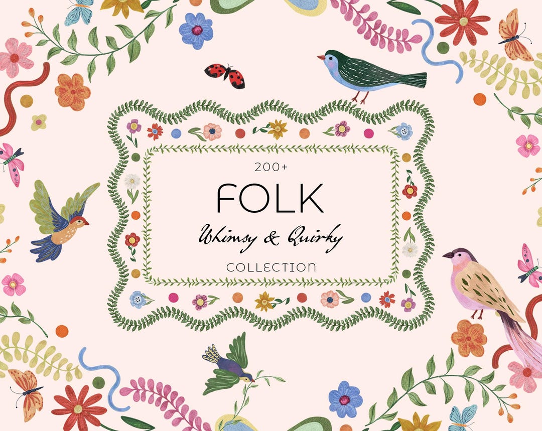 Folk Art Clipart, Whimsy Folklore Frames PNG, Quirky Botanic Folkart ...