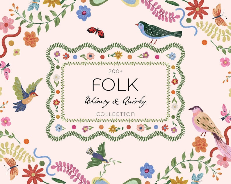 Folk Art Clipart, Whimsy Folklore Frames PNG, Quirky Botanic Folkart ...