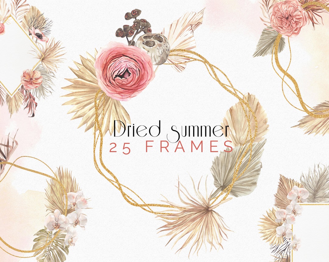 Watercolor Boho Floral Frames Clipart,boho Flowers and Dried Palm ...