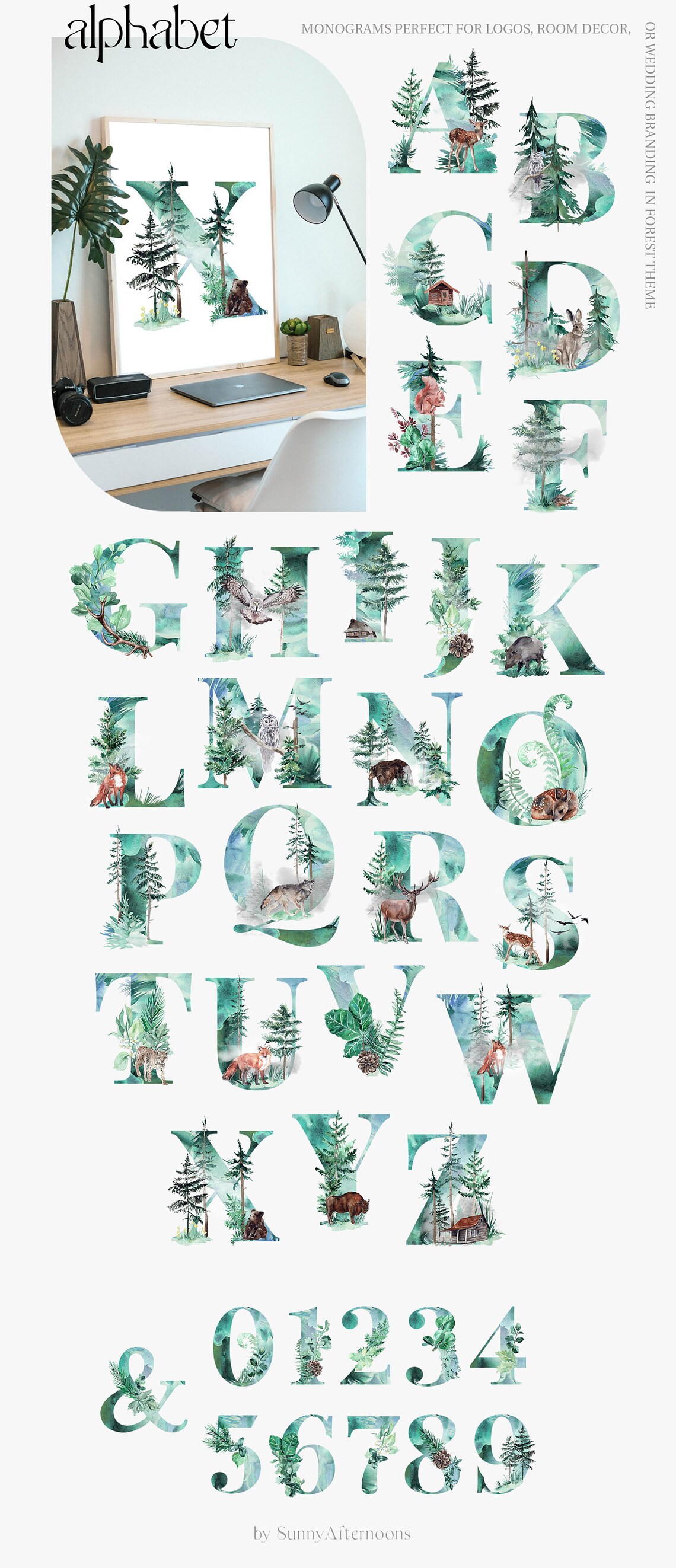 Watercolor Forest Alphabet Forest Animals Letters Misty - Etsy