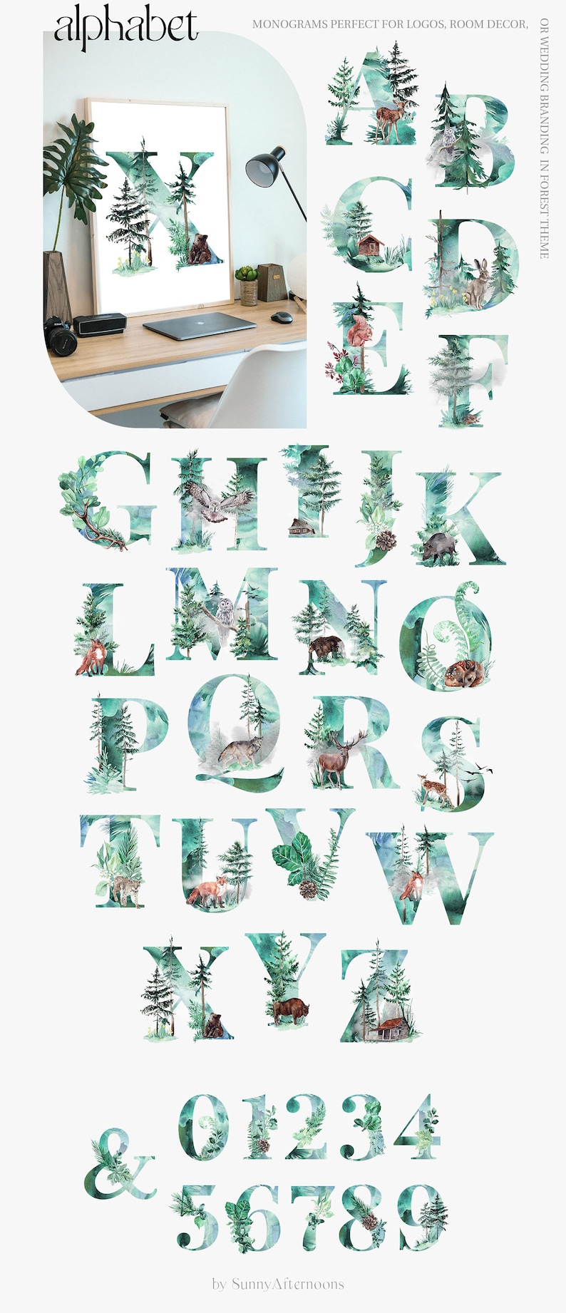 Watercolor Forest Alphabet, Forest Animals Letters, Misty Woodland Trees, Deer Antlers, Animals ...