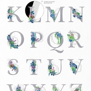 Succulents SET Floral Watercolor Clipart, Silver Alphabet and Digital ...