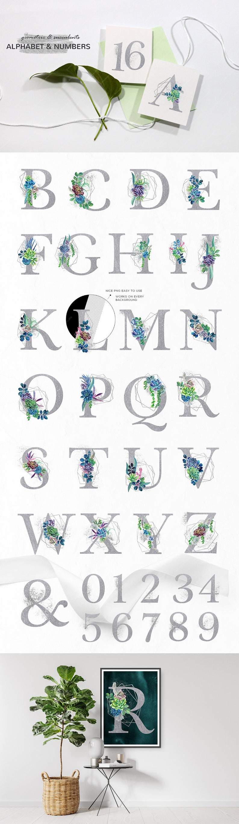 Succulents SET Floral Watercolor Clipart, Silver Alphabet and Digital ...