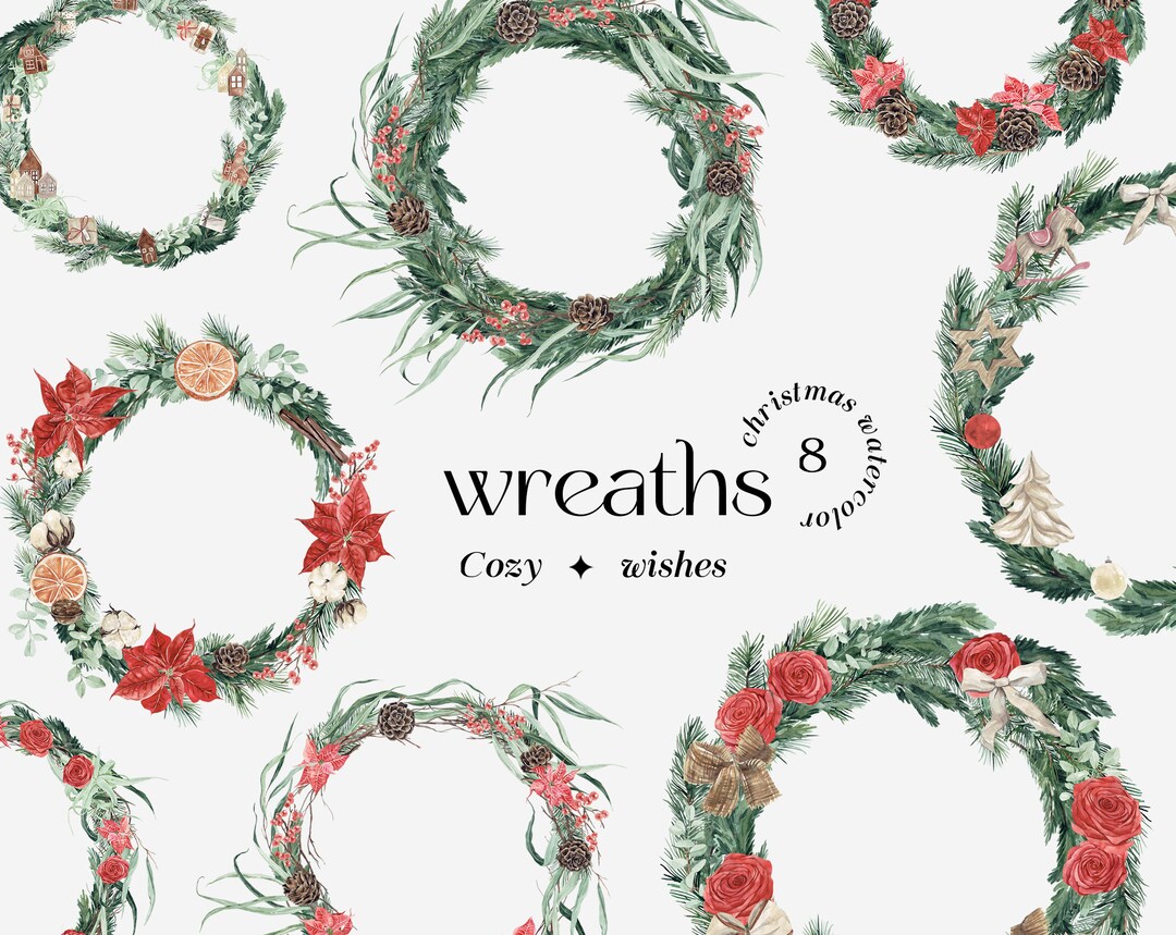 Cozy Winter Wreaths Watercolor Clipart Natural Christmas Decor Holidays ...