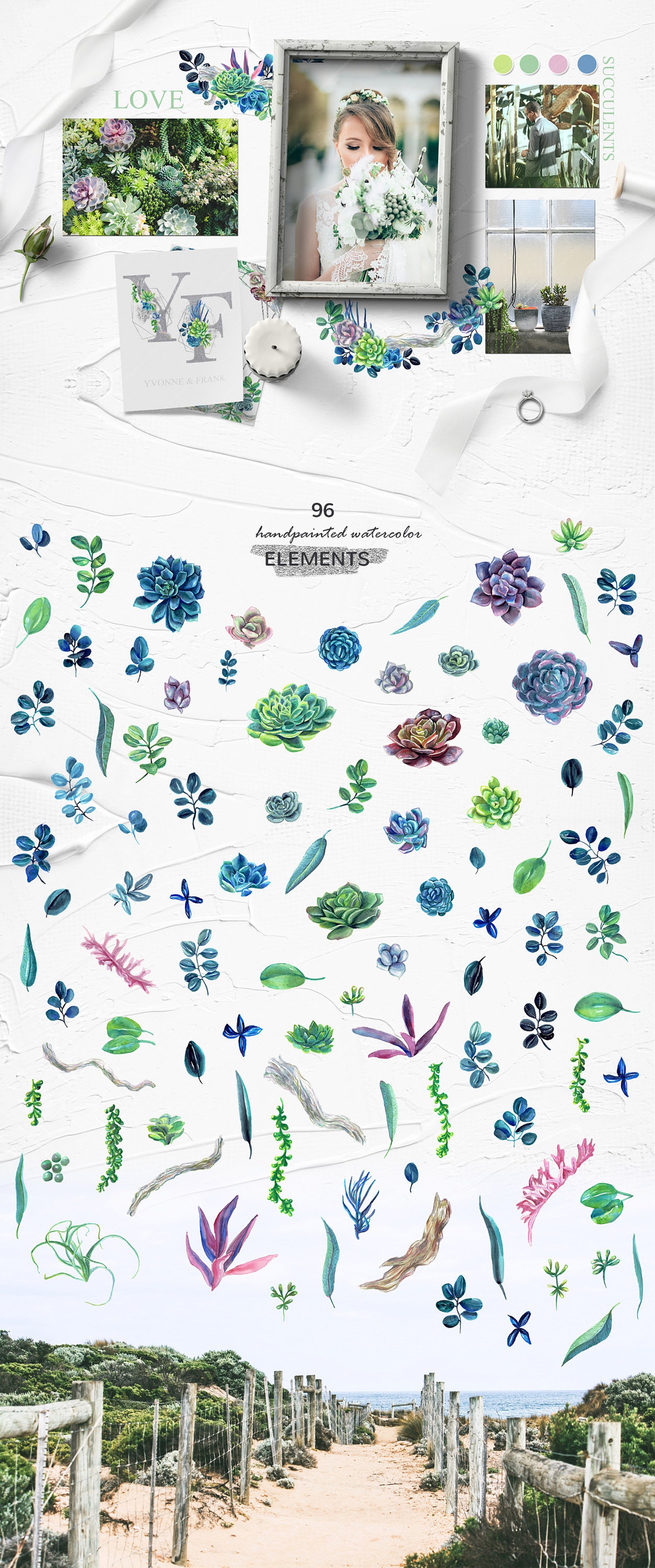 Succulents SET Floral Watercolor Clipart, Silver Alphabet and Digital ...