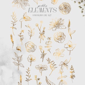 Gold Line Art Flowers Clipart, Hand Drawn Wild Flowers and Roses ...