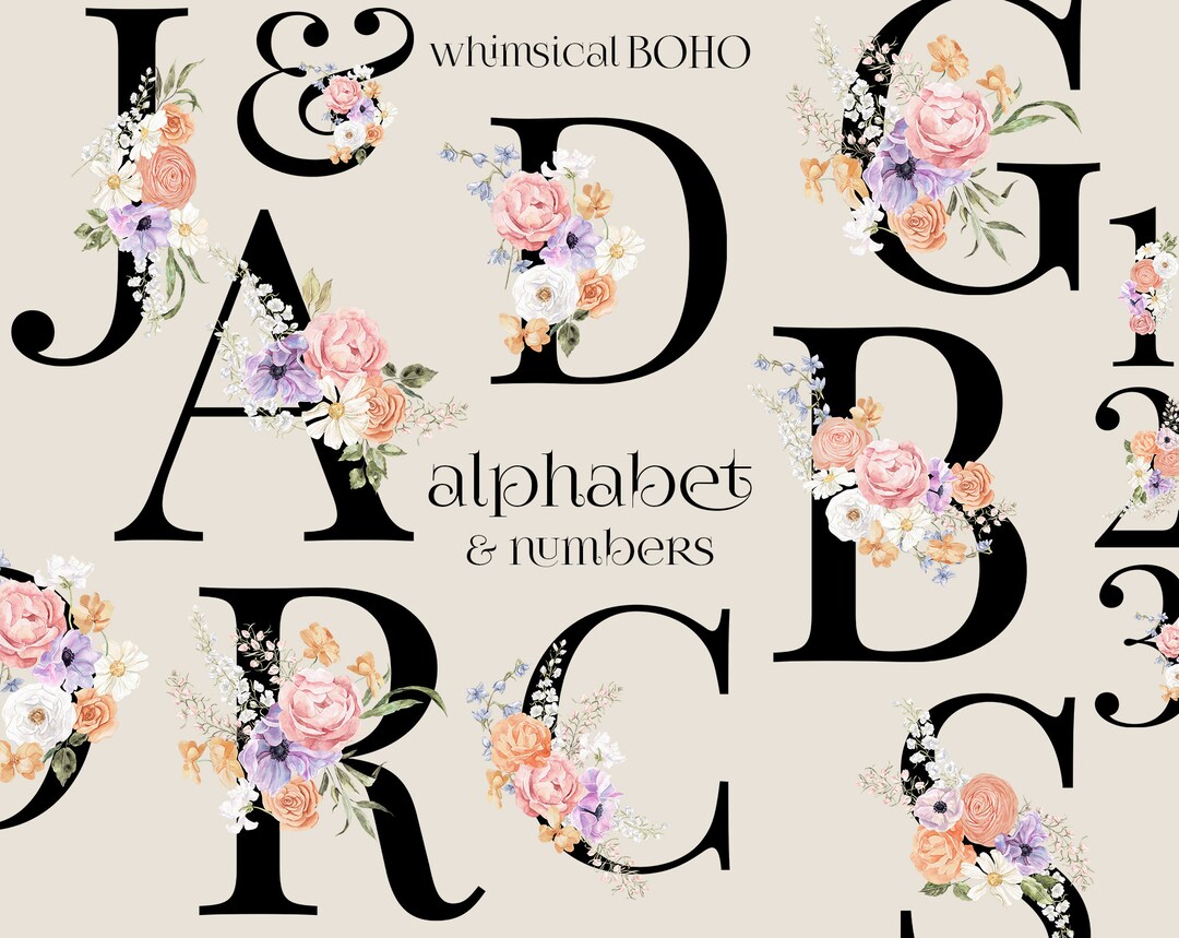 Whimsical Boho Alphabet Watercolor Pastel Floral Clipart - Etsy