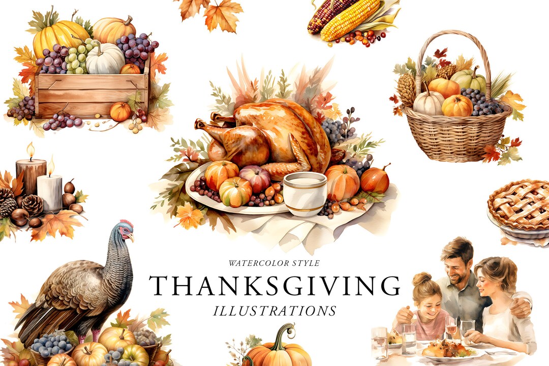 Watercolor Thanksgiving Clipart, Turkey Thanksgiving Dinner, Harvest ...