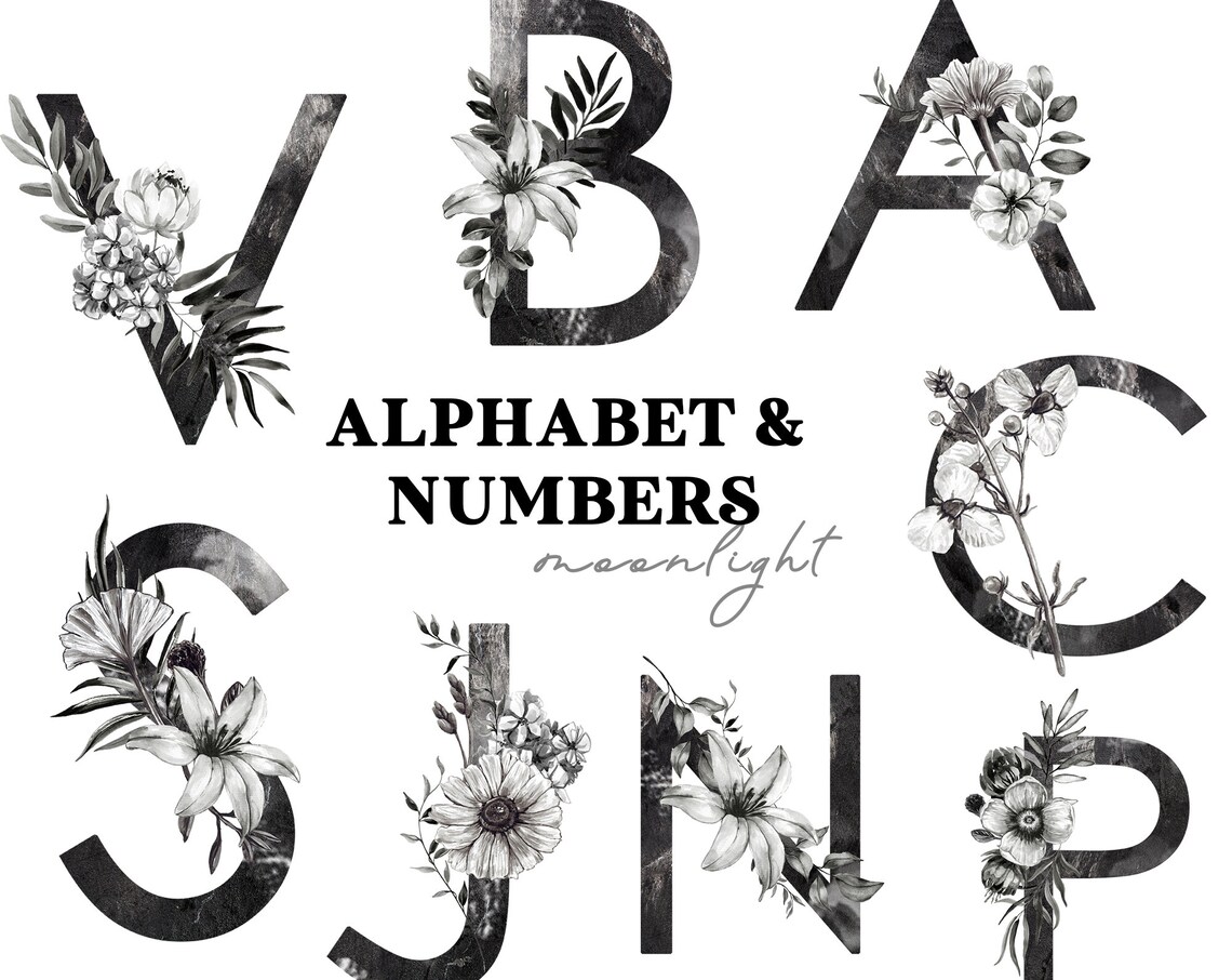 Black and White Watercolor Clipart Alphabet Moonlight - Etsy
