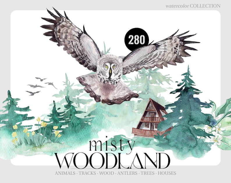Watercolor Forest Digital Clipart Set Misty Woodland Forest - Etsy