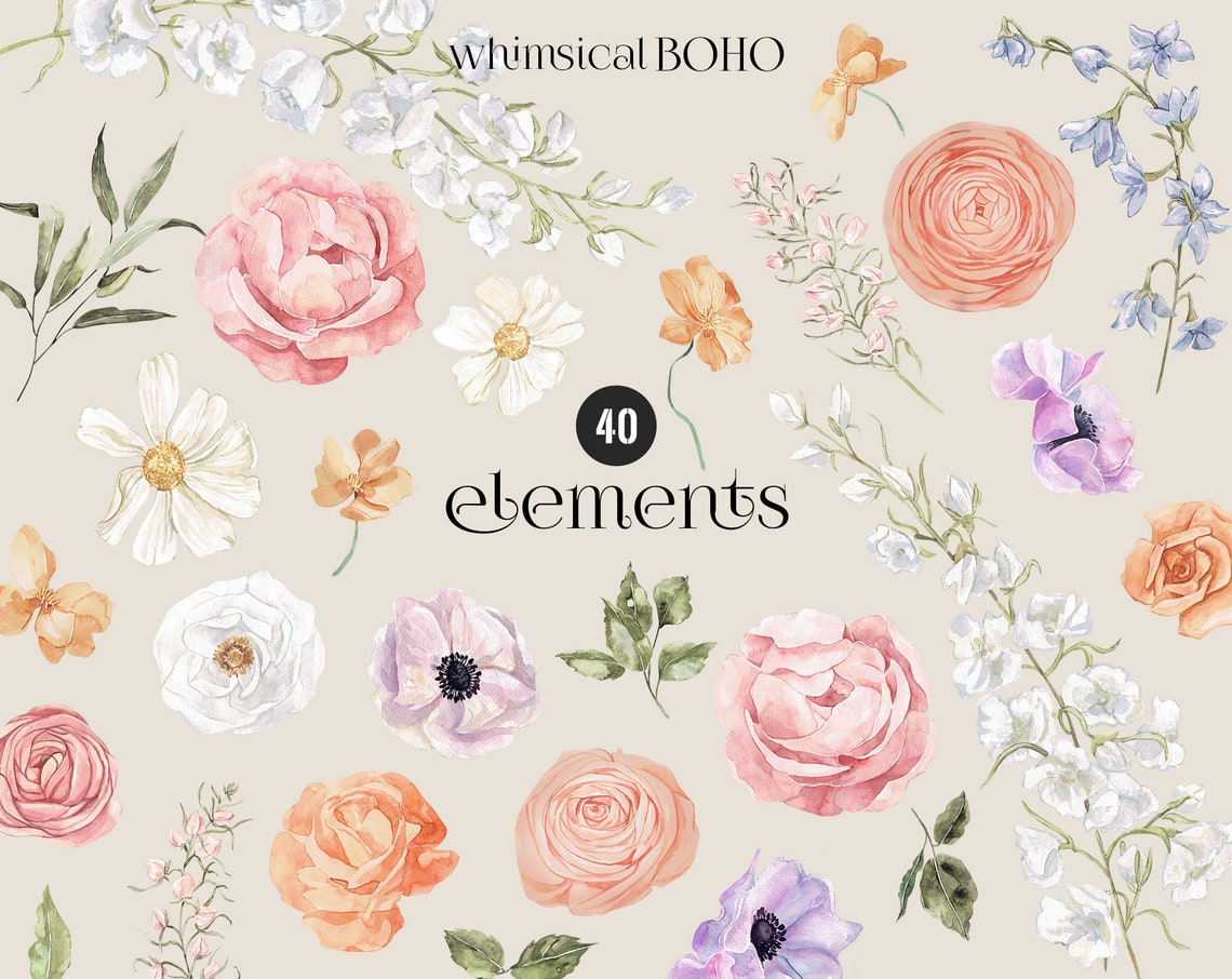 Whimsical Boho Watercolor Pastel Floral Elements Clipart, Light Airy ...