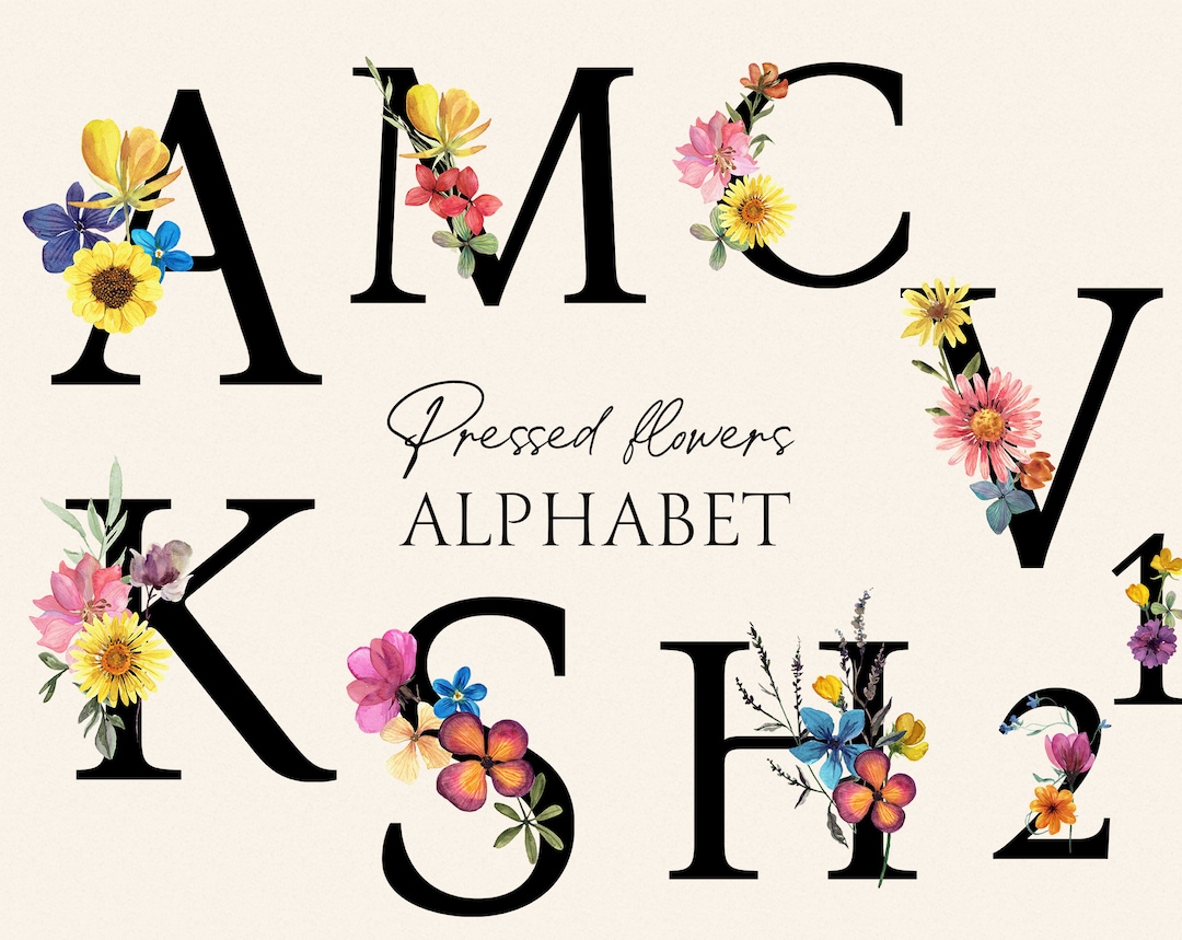 Pressed Flowers Alphabet Floral Watercolor - Dried Flowers, Herbs, Wild ...