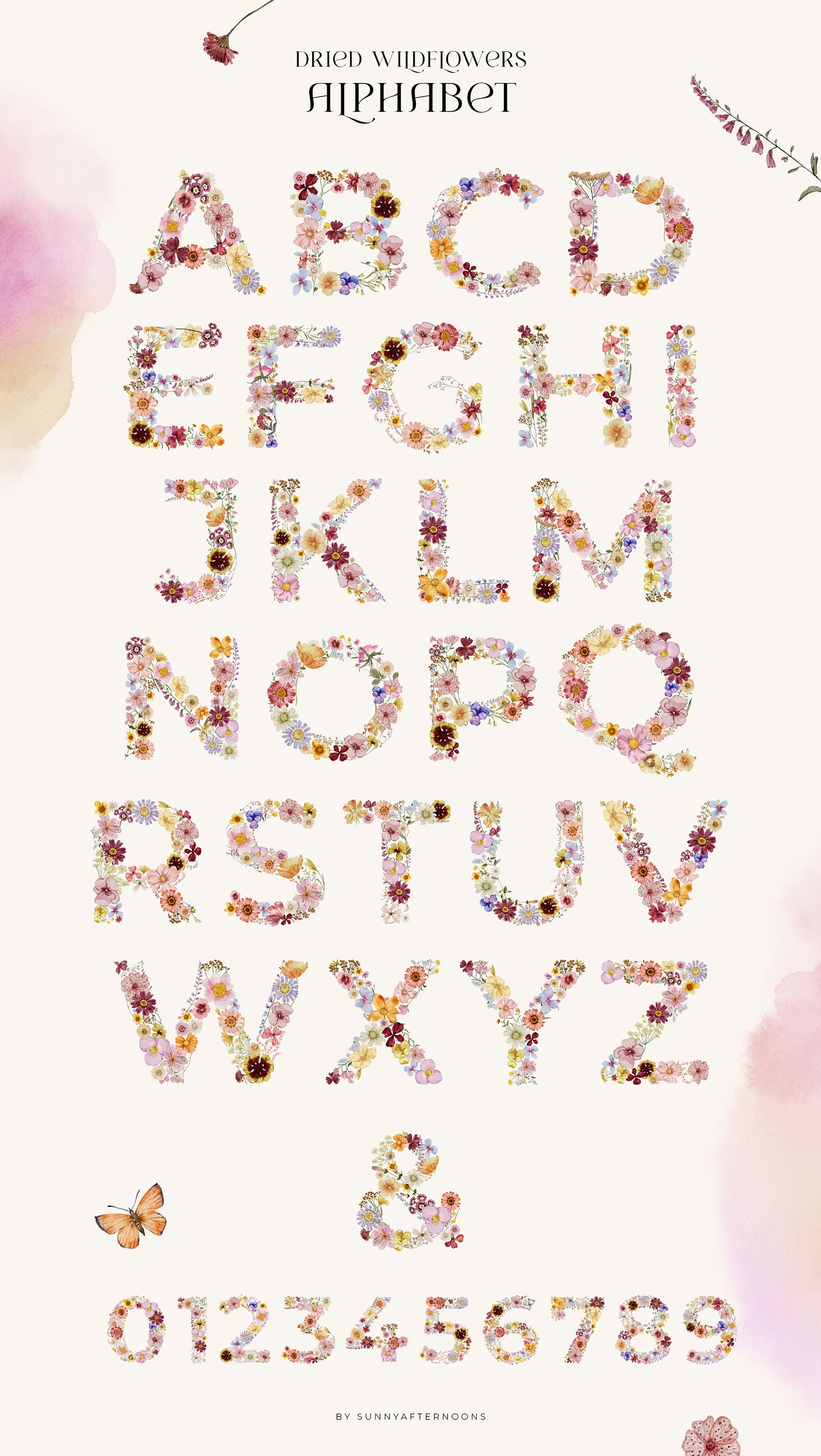 Dried Wildflowers Alphabet Watercolor Clipart, Delicate Pressed Flowers ...