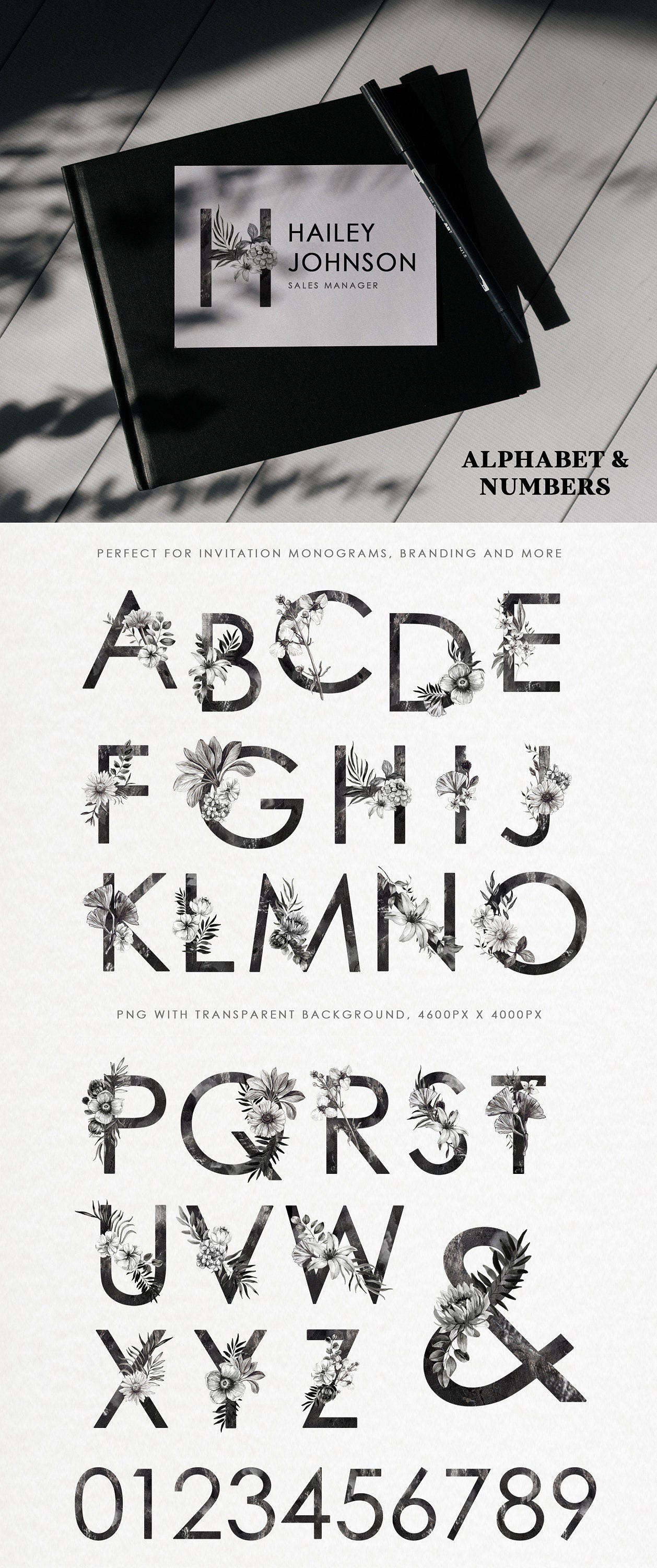 Black and White Watercolor Clipart Alphabet Moonlight - Etsy