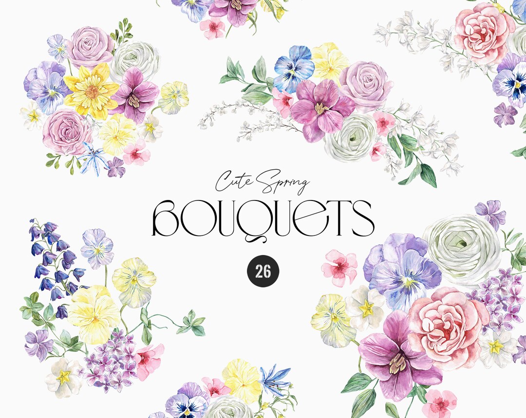 Cute Spring Watercolor Bouquets Clipart, Floral Arrangements Pastel ...