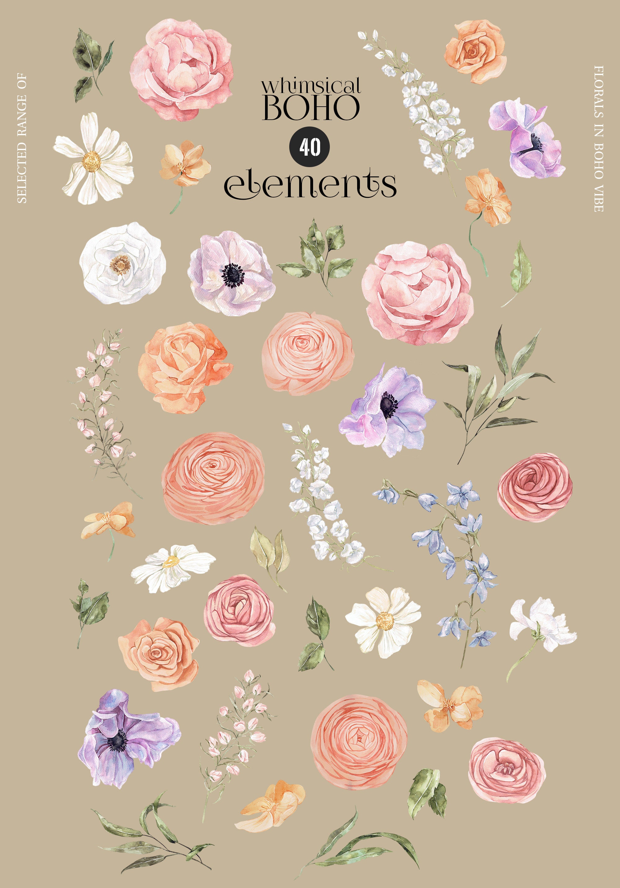 Whimsical Boho Watercolor Pastel Floral Elements Clipart, Light Airy ...