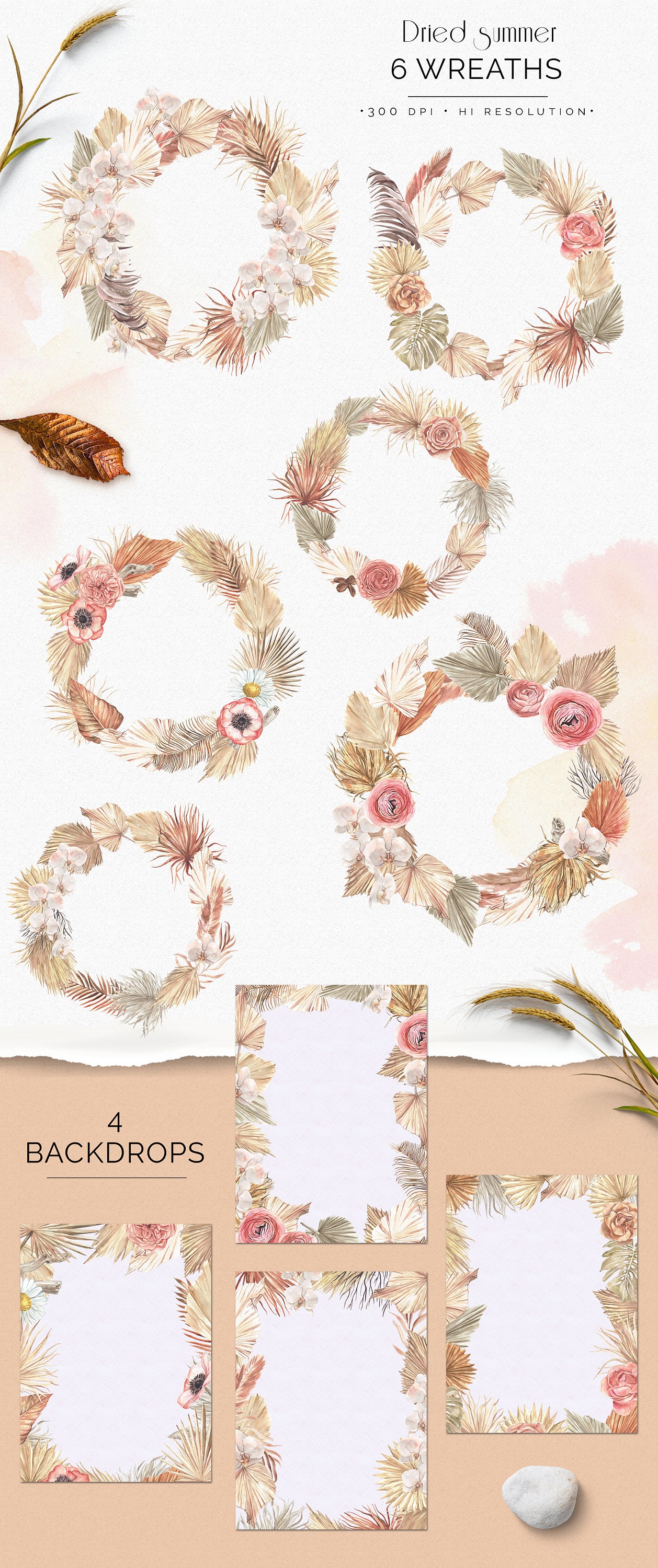 Watercolor Boho Floral Clipart Boho Flowers and Dried Palm - Etsy