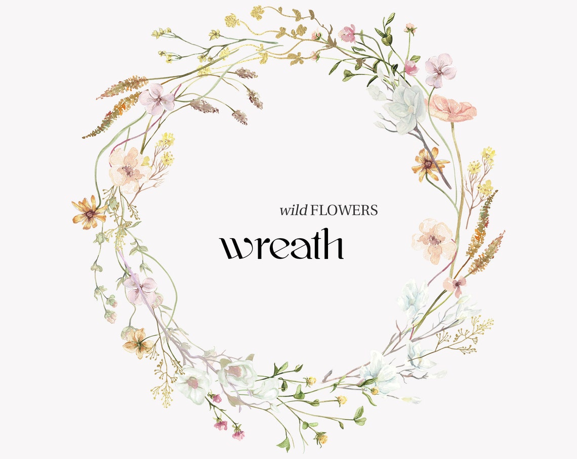 Midsummer Wild Field Wreath Watercolor Wildflower Clipart, Delicate ...