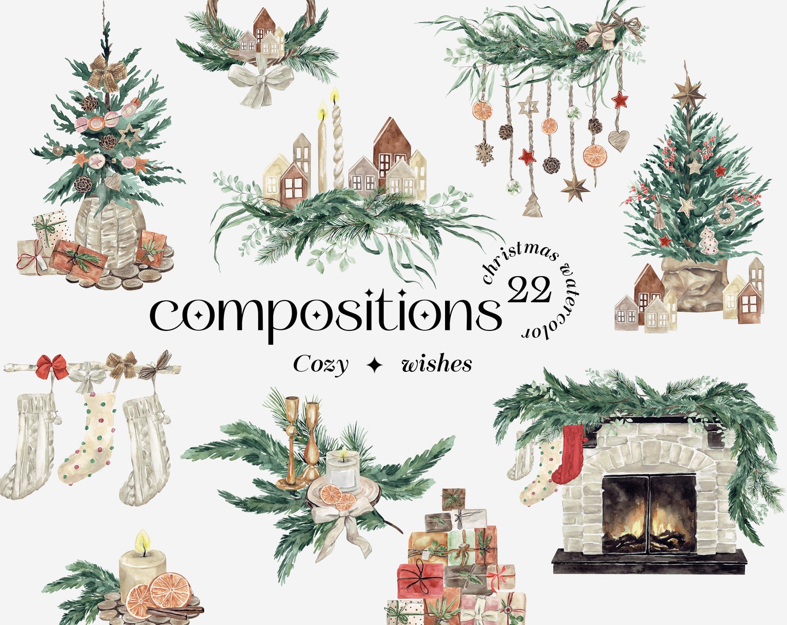 Cozy Winter Watercolor Clipart Natural Christmas Decor Holidays ...