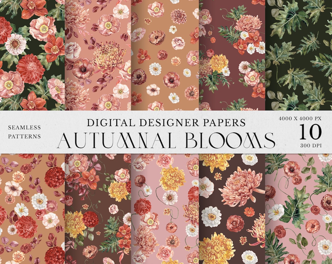 Autumnal Blooms Watercolor Watercolor Digital Papers, Boho Fall Paper ...