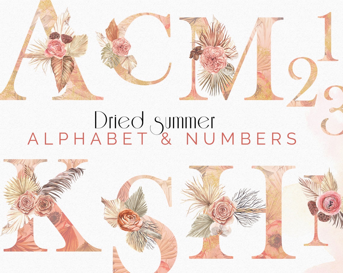 Watercolor Boho Floral Alphabet Flowers and Dried Palm - Etsy