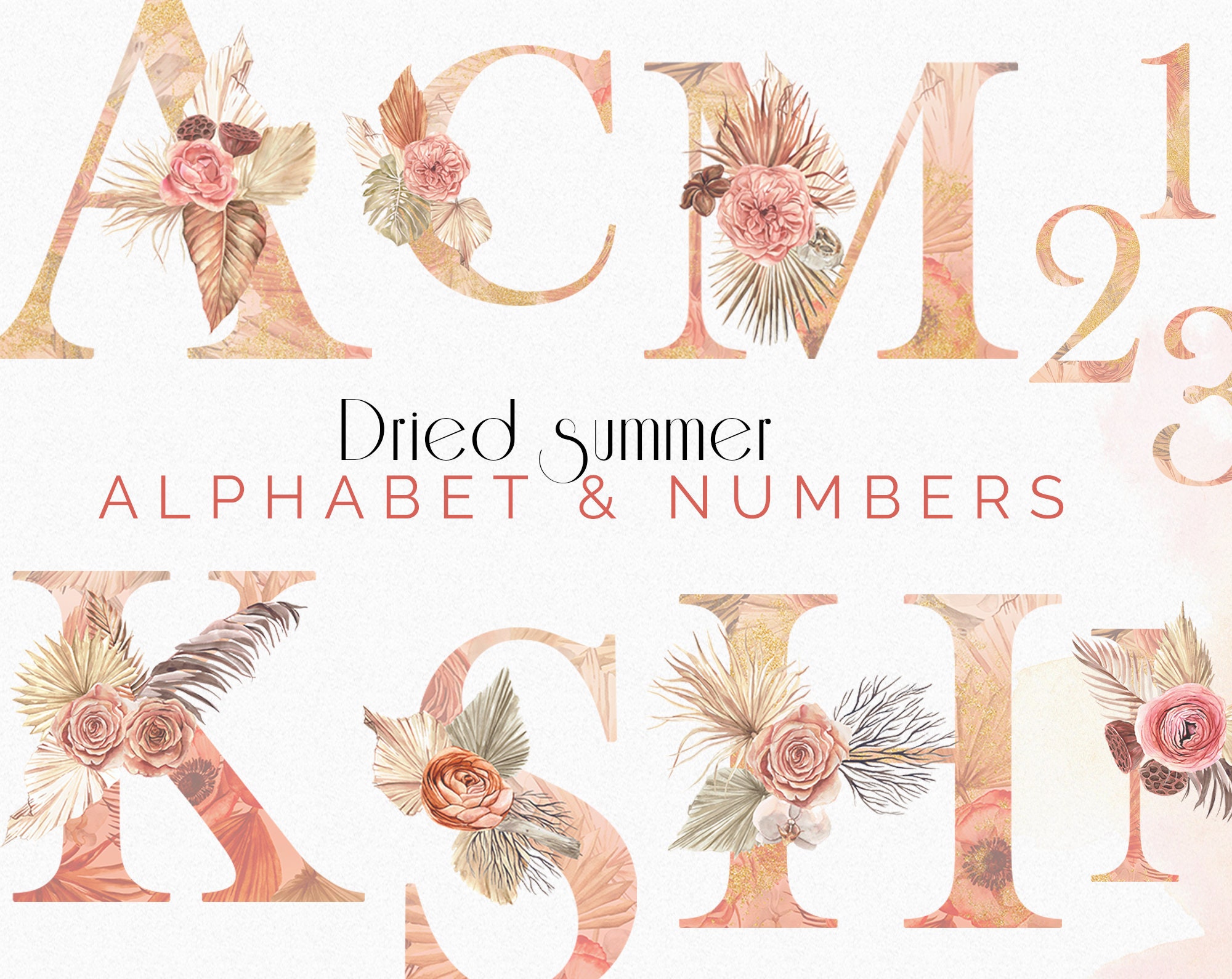 Watercolor Boho Floral Alphabet, Flowers and Dried Palm Leaves ...