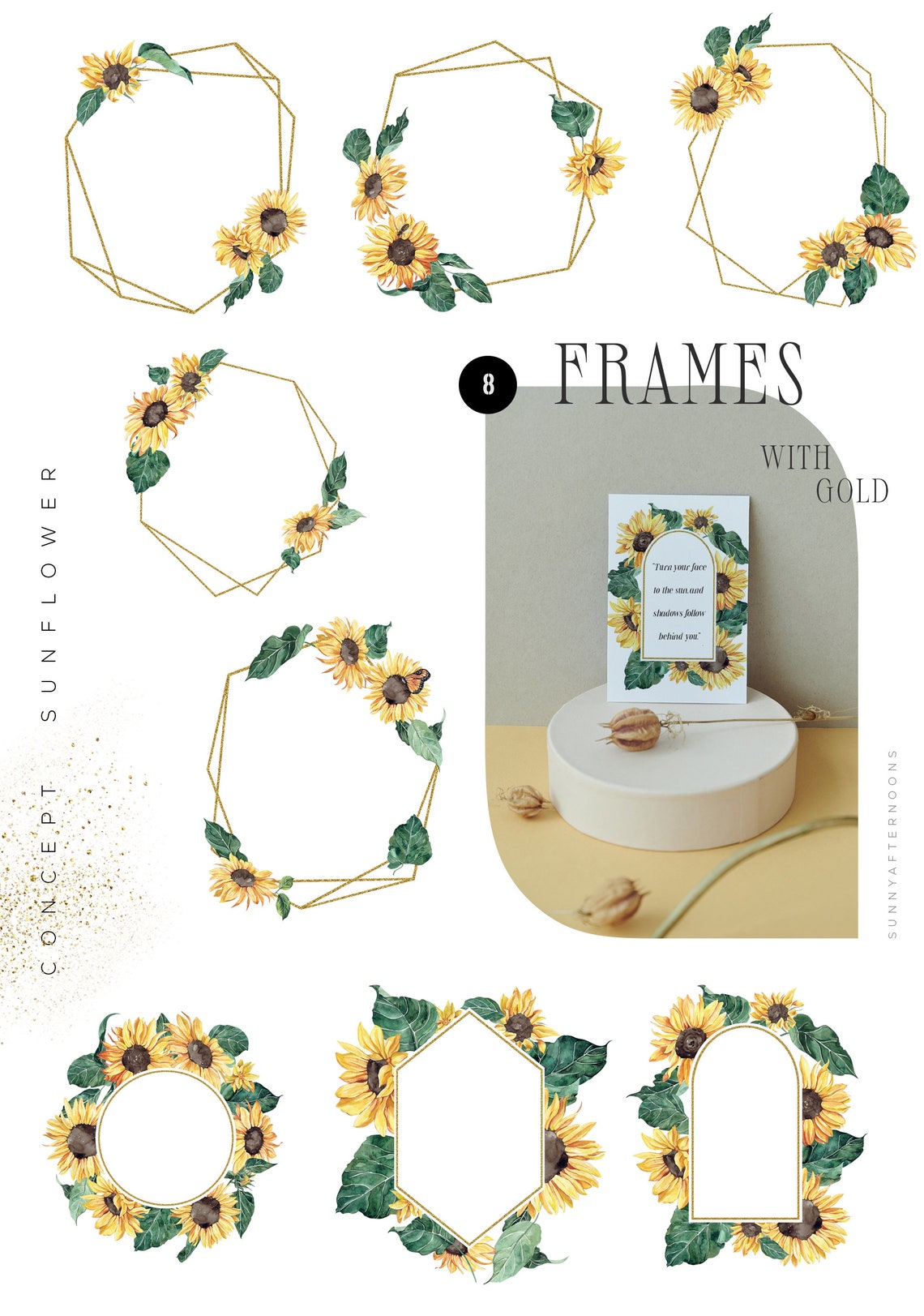 Concept: Sunflower Frames Watercolor Clipart, Sunflower Gold Wedding ...