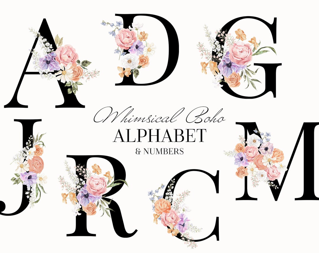 Whimsical Boho Alphabet Watercolor Pastel Floral Clipart, Light Flowers ...