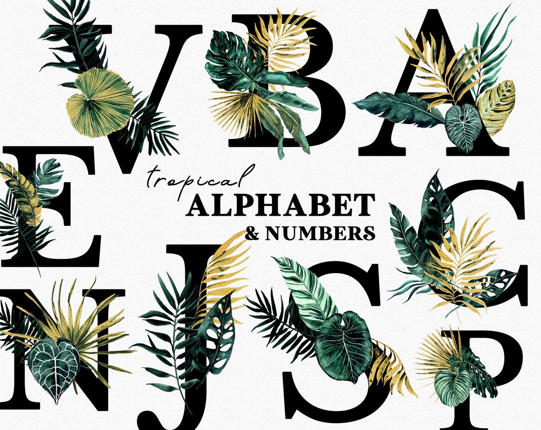 Tropical Lush Watercolor Letters & Numbers Clipart, Exotic Jungle ...
