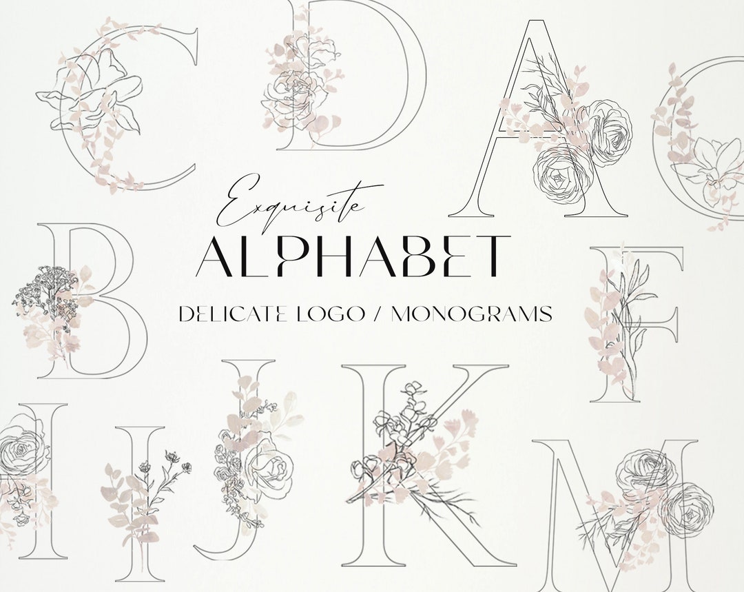Fine Art Botanical Alphabet Clipart, Vintage Floral Crest, Graphite ...