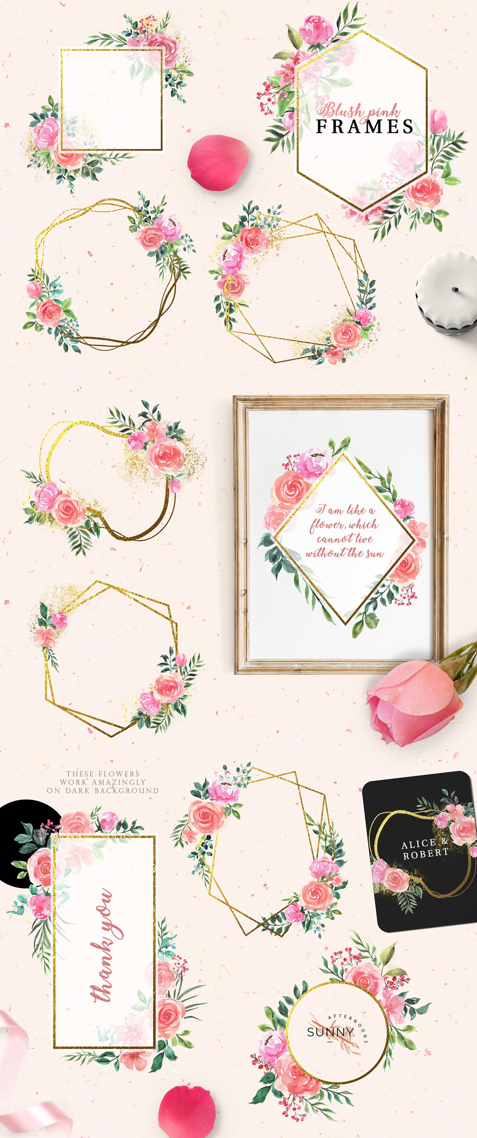 Blush Pink Roses Floral Watercolor Clipart Delicate Gold - Etsy