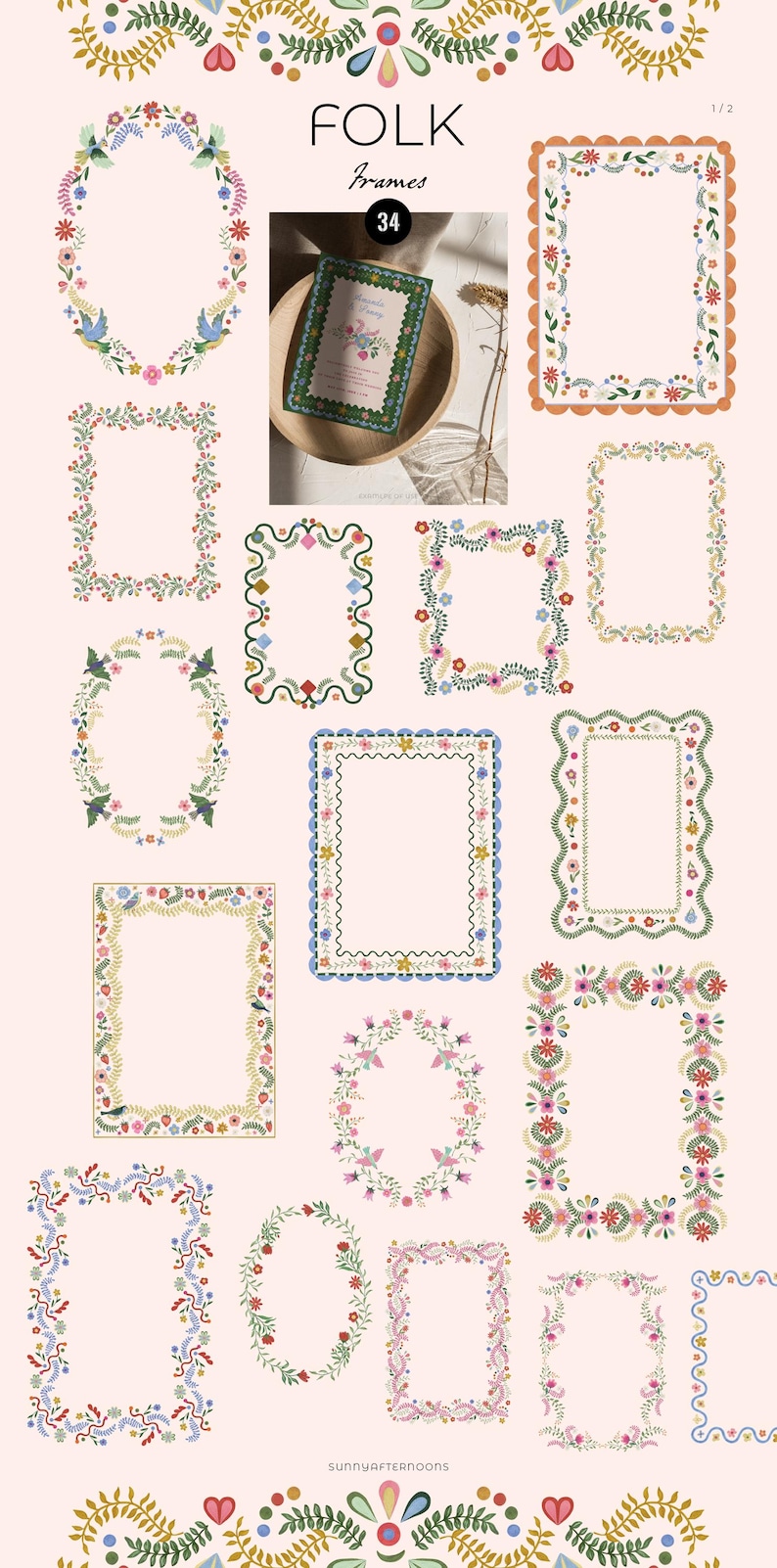 Folk Art Clipart, Whimsy Folklore Frames PNG, Quirky Botanic Folkart ...