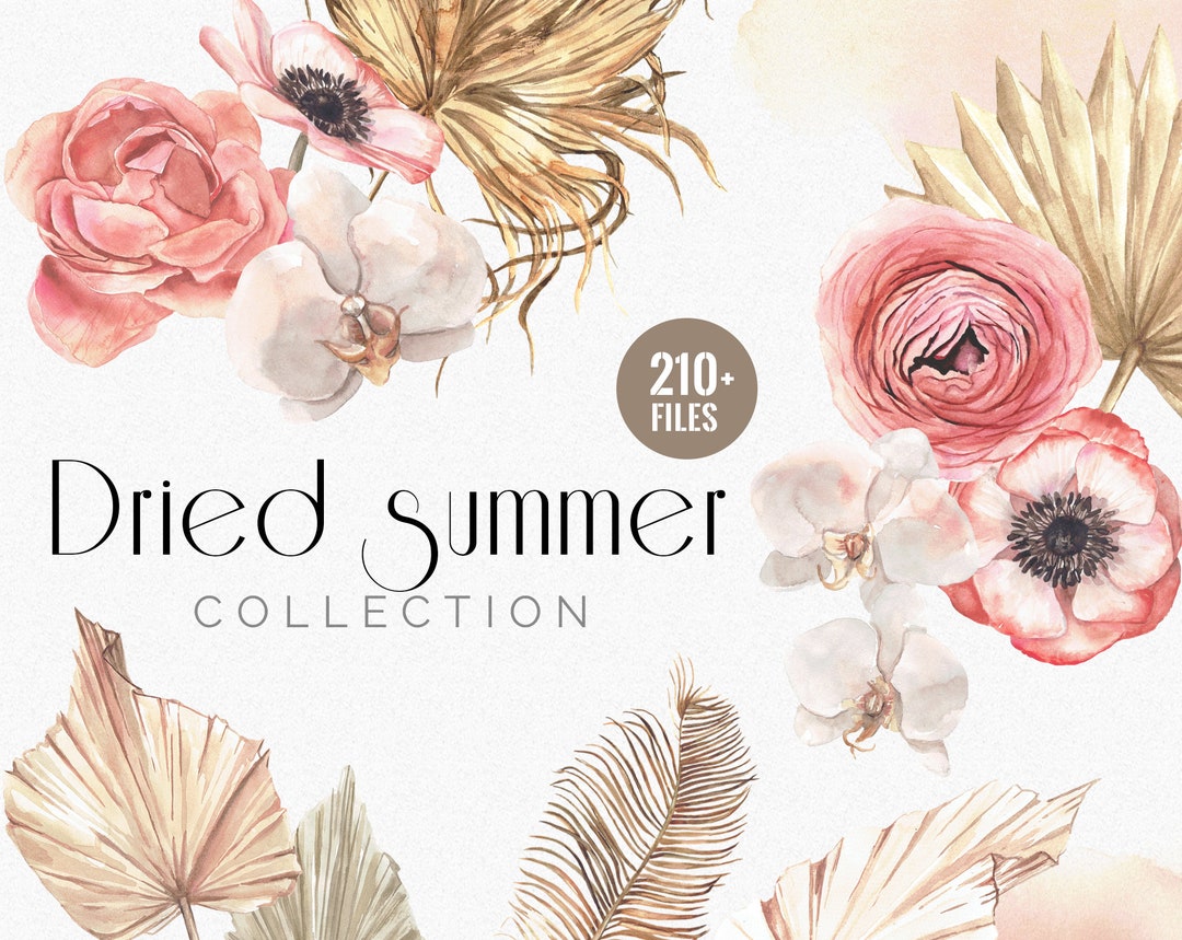 Watercolor Boho Floral Clipart, Boho Flowers and Dried Palm Leaves ...