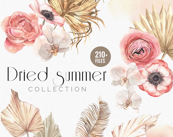 Watercolor Boho Floral Clipart Boho Flowers and Dried Palm - Etsy