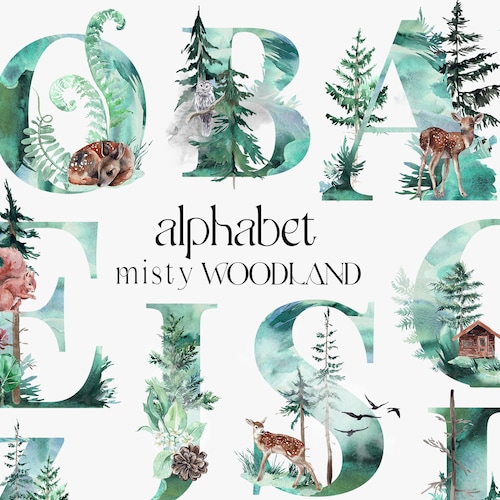 Watercolor Forest Alphabet Forest Animals Letters Misty - Etsy