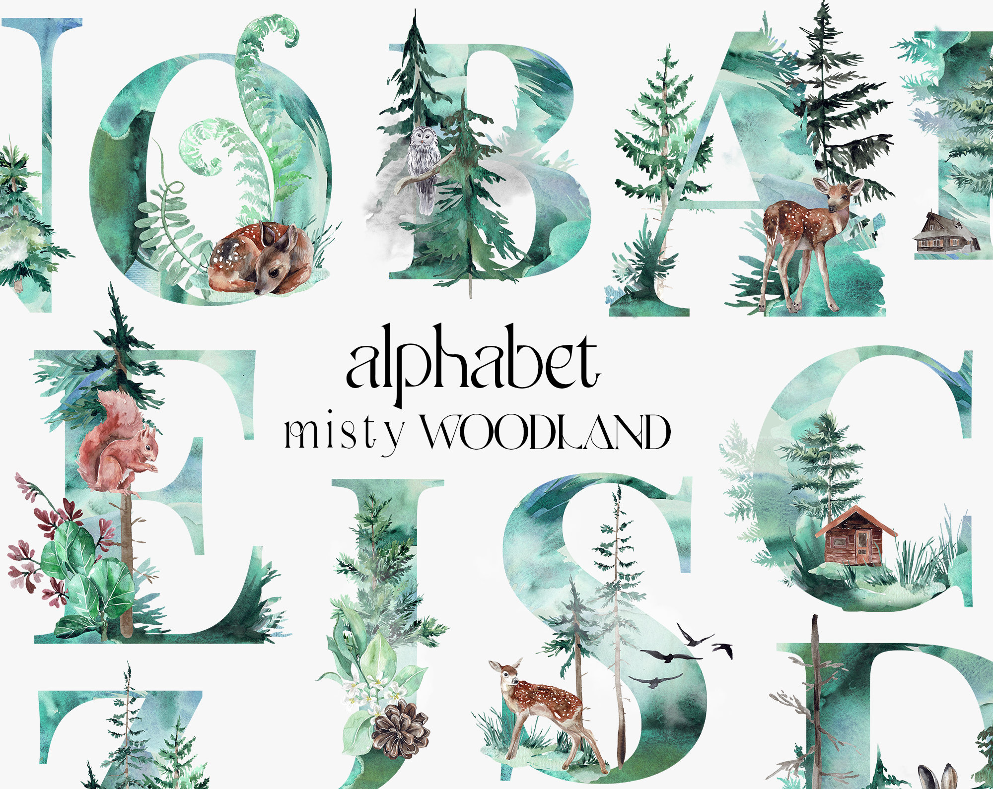 Watercolor Forest Alphabet Forest Animals Letters Misty - Etsy