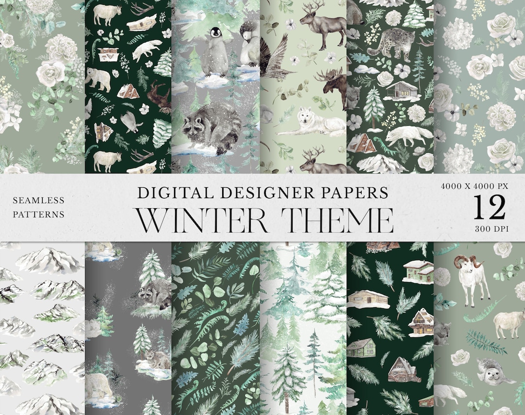 Watercolor Forest Mountain Digital Papers, Winter Animal Clipart, Wood ...