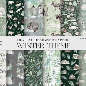 Watercolor Forest Mountain Digital Papers, Winter Animal Clipart, Wood ...