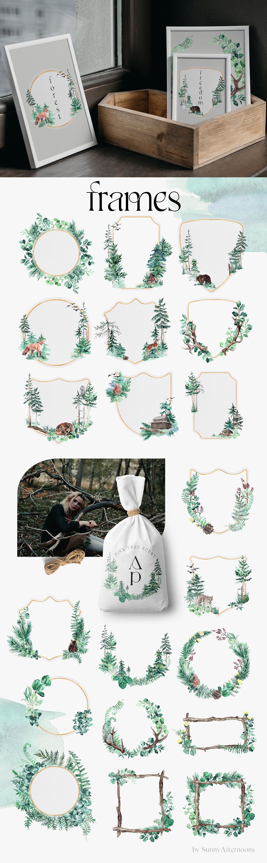 Watercolor Forest Frames Misty Woodland Forest Animals - Etsy