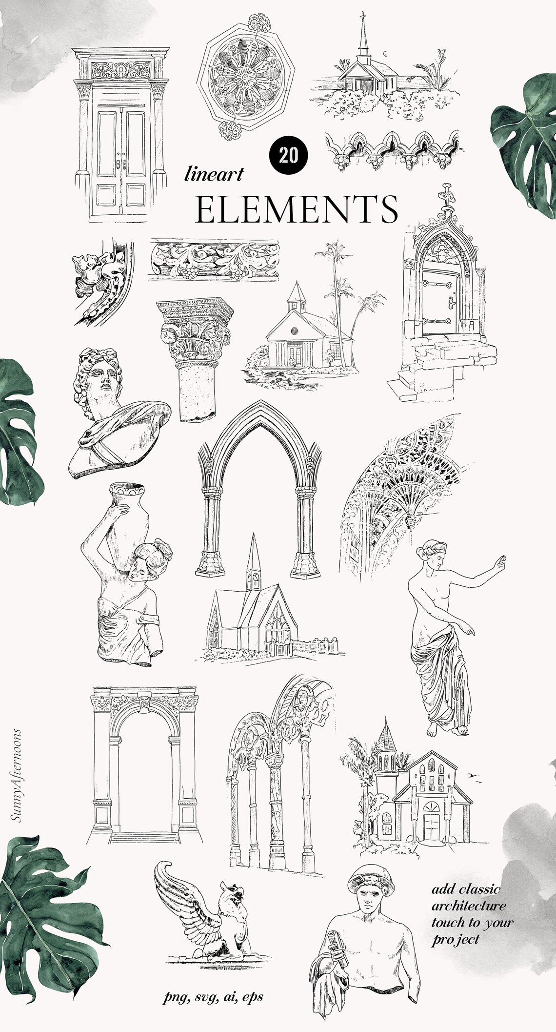 Architecture Lineart Elements Ancient Statue Clipart - Etsy