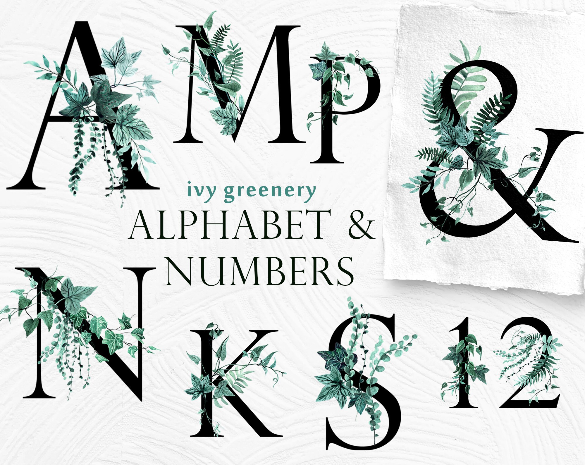 Ivy Greenery Letters and Numbers Watercolor clipart ivy | Etsy