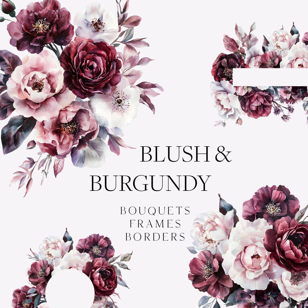 Watercolor Burgundy and Blush Flowers Clipart - Blush & Burgundy Floral ...