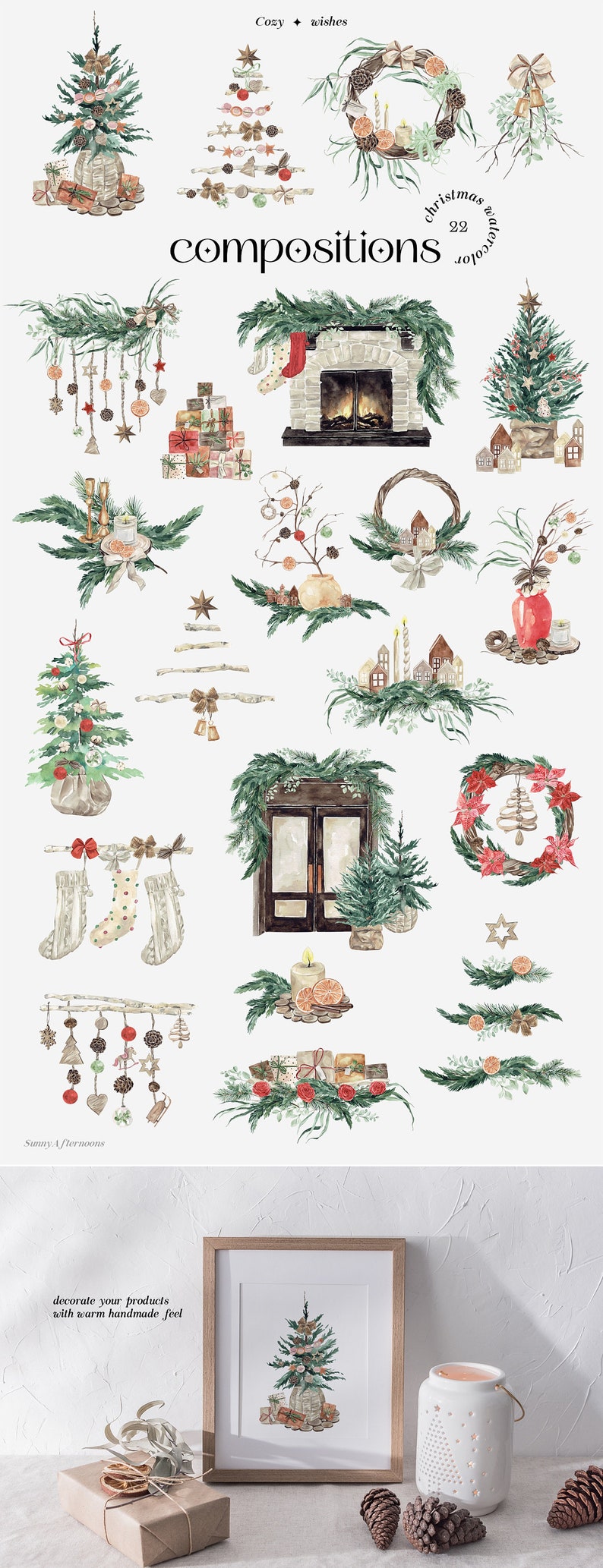 Cozy Winter Watercolor Clipart Natural Christmas Decor Holidays ...