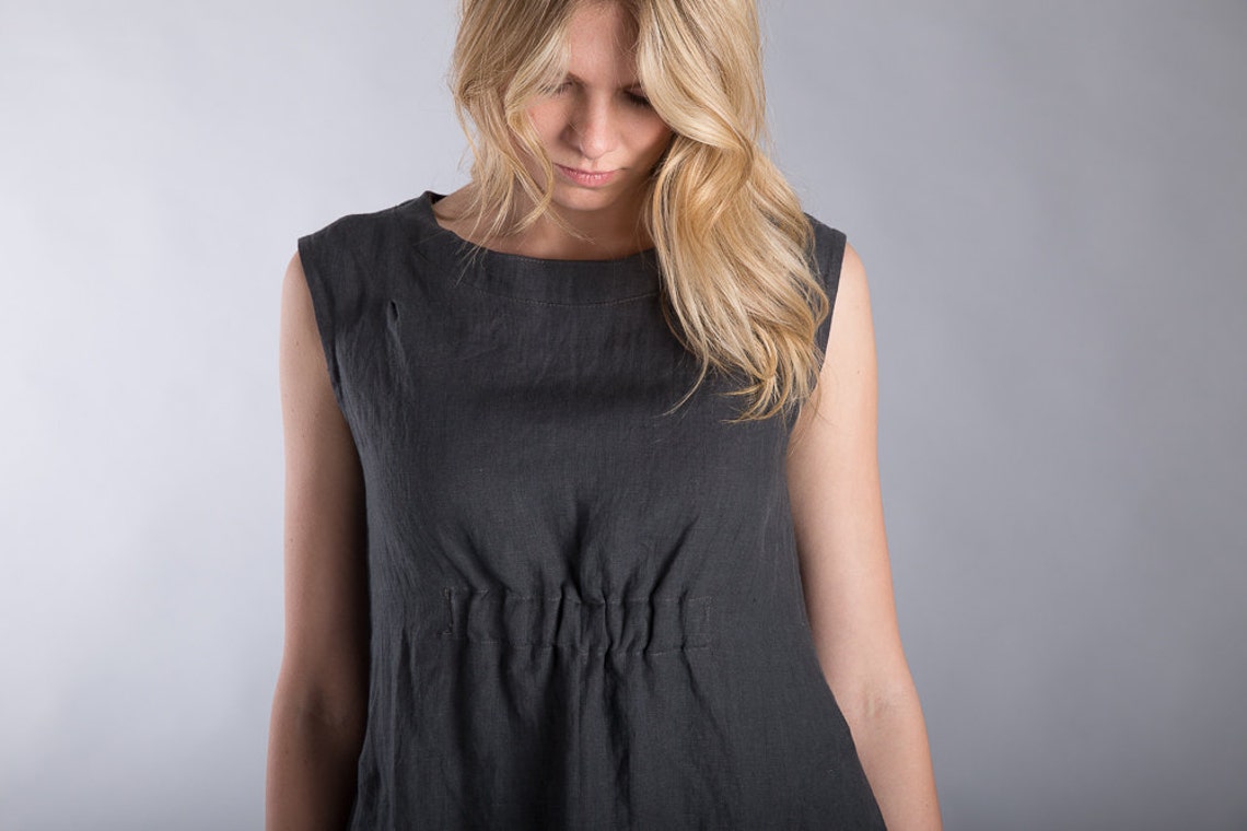 Linen Overalls Dress Linen Smock / Charcoal Gray Linen Summer Dress ...